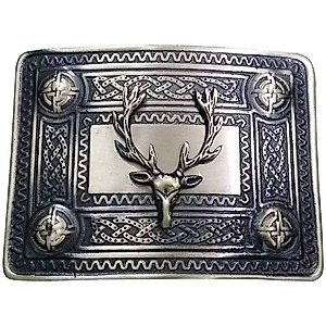 Kilt Belt with Buckle Scottish Kilts Sporran with Badge Style Stag Head/Kilt Pin/Fly Plaid Brooch 5 piece Set (Large)