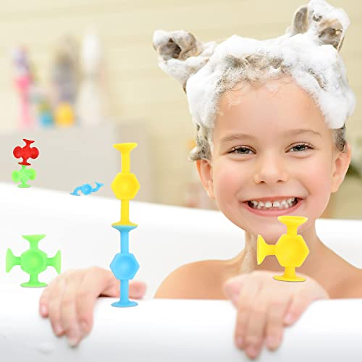 Suction Toys Bath Toy Set - 24 pcs Slicone Sucker Toys for Kids, Window Toys with Storage, Good for Autism/ADD/ADHD.
