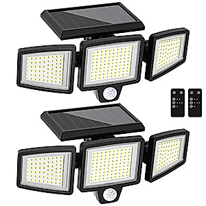 QIYVLOS Solar Lights Outdoor -2 Pack, 210 LED 2500LM Motion Sensor Lights with Remote Control, IPX5 Waterproof, 3 Heads Security LED Flood Light, 360° Wide Angle Illumination Wall Light with 3 Modes