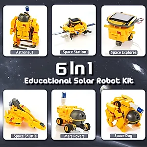 Solar Robot Toys 6 in 1 STEM Learning Kits Educational Space Moon Exploration Fleet Building Experiment Toys DIY Solar Power Science Gift for Kids Aged 8-12 (Yellow)