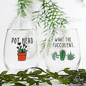 Succulent Plant Cactus Gifts for Women- Set of 2 Funny Wine Glasses 15oz - Plant Lover Gift Mug - What the Fucculent- Pot Head Crazy - Plant Lady Wine Glass Tumbler - Custom Stemless Wine Glasses
