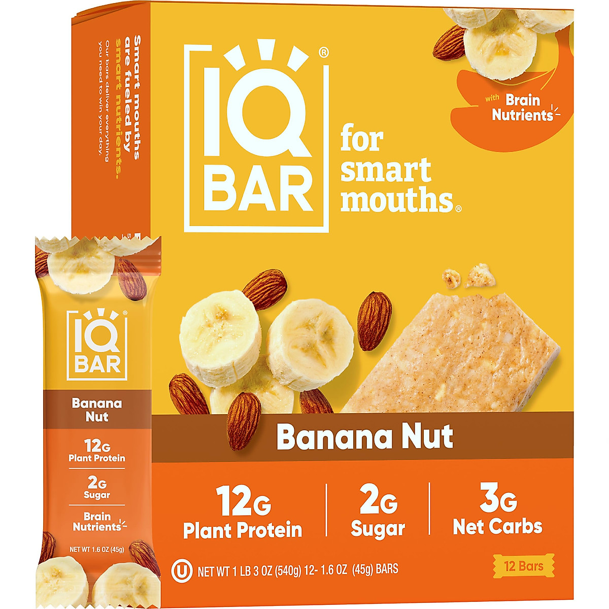 IQBAR Brain and Body Plant Protein Bars - Banana Nut - 12-Count Low Carb - Gluten Free, High Fiber, Vegan Snacks - Low Sugar Meal Replacement
