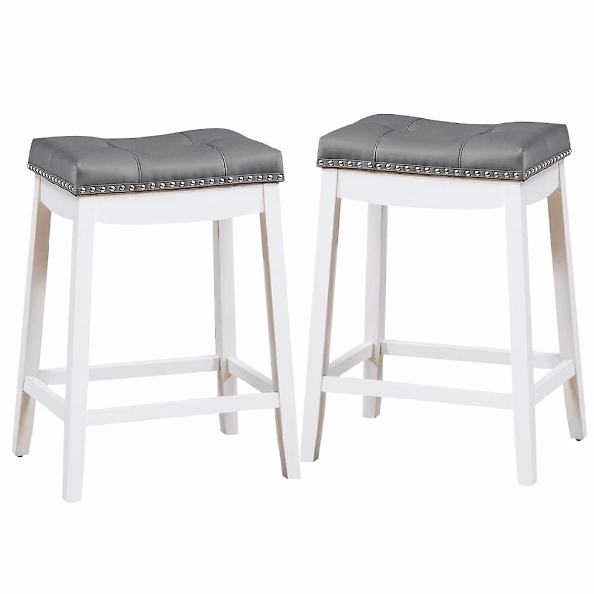 ERGOMASTER Bar Stools Set of 2-24 Inch Counter Stools Height Solid Wood Legs Espresso with Gray PU Cushion for Kitchen Living Room and Bar - White Legs