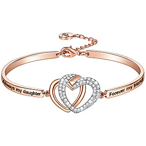 Aihitero Valentines Day Daughter Gift, ‘Always My Daughter Forever My Friend’ Love Heart Bangle Bracelet, Women Rose Gold Jewelry, Christmas Anniversary Birthday Present from Father Dad Mom Mother