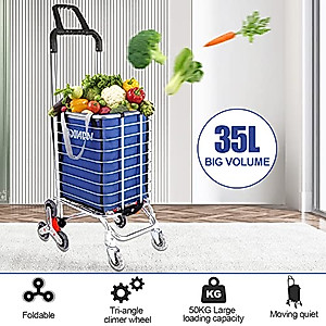 Folding Shopping Cart, Grocery cart on Wheels 35L 110lbs Large Capacity Stair Climbing Trolley w/8 Wheels & Removable Waterproof Oxford Bag Utility Cart (Blue)