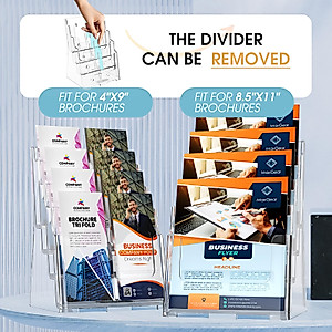 MaxGear Acrylic Brochure Holder 8.5 x 11 inch, Clear Literature Organizer Magazine Stand with Removable Divider for 4 x 9 inch Brochures, 4 Tier Pamphlet Display for Wall Mount or Countertop