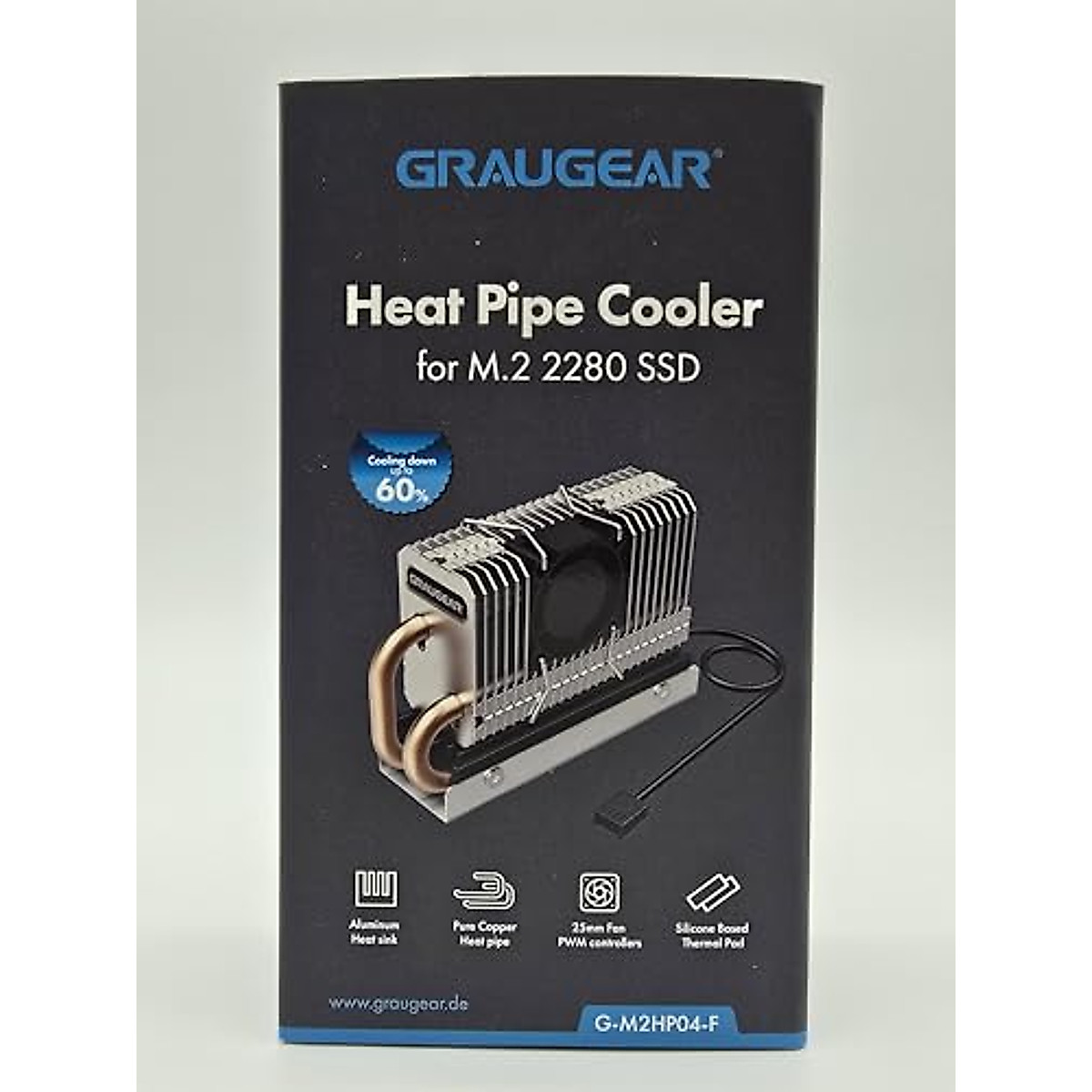 GRAUGEAR M.2 2280 SSD Heatsink, Direct-Touch Heat of Dual Copper Heat Pipes, 25 mm Cooling Fan Built-in PWM Control, Aluminum Plate-Fin Design, Thermal Pads incl. Cooler for M.2 NVMe/SATA[G-M2HP04-F]