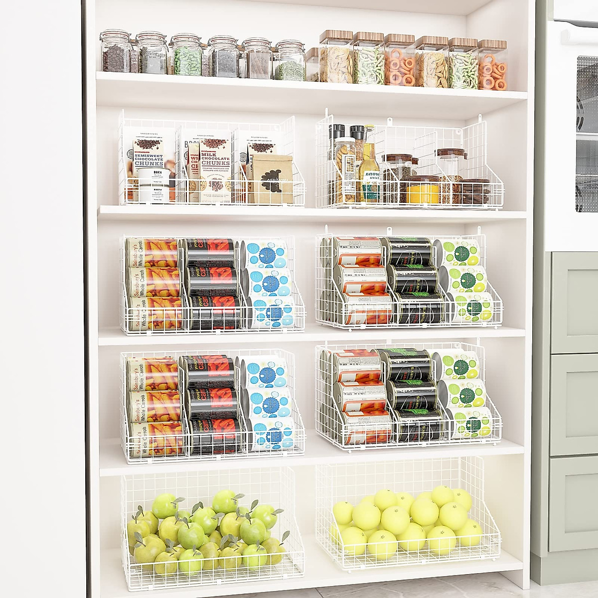 Stackable Can Rack Organizer for Pantry Storage, Can Dispensers with 4 Adjustable Dividers, 2-Tier Metal Wire Basket Beverage Pop Soda Rack for Kitchen Cabinet Pantry, White