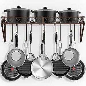 Skycarper Pot and Pan Rack Hanging Wall Mounted Organizer Multipurpose Holder with 10 Hooks, Bronze