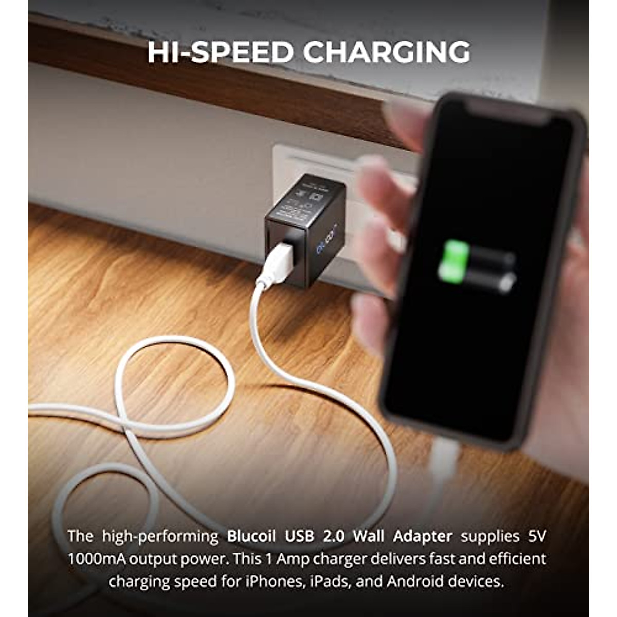 Blucoil USB Universal Wall Charger with 5V 1000mA Output Power, USB 2.0 Port, Over Current Protection for Portable Headphone and Amplifiers, Other Electronic Devices (Model No. KA25-0501000US)