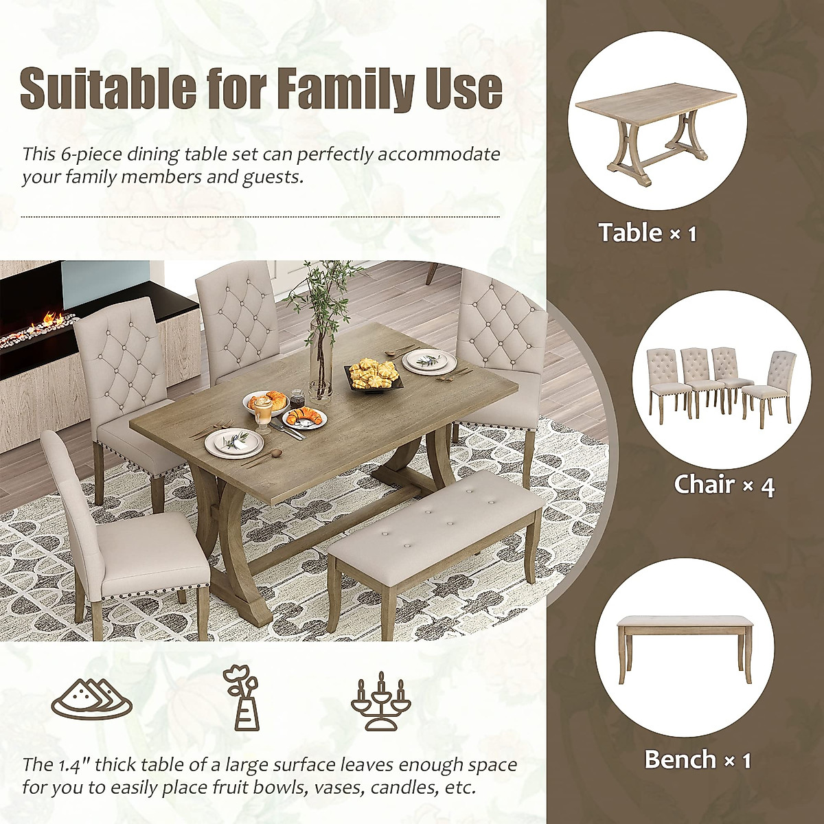 Merax Dining Table Set, 6-Piece Farmhouse Dining Room Set, Rectangular Trestle Table and 4 Upholstered Chairs & Bench for Dining Room, Natural Wood Wash