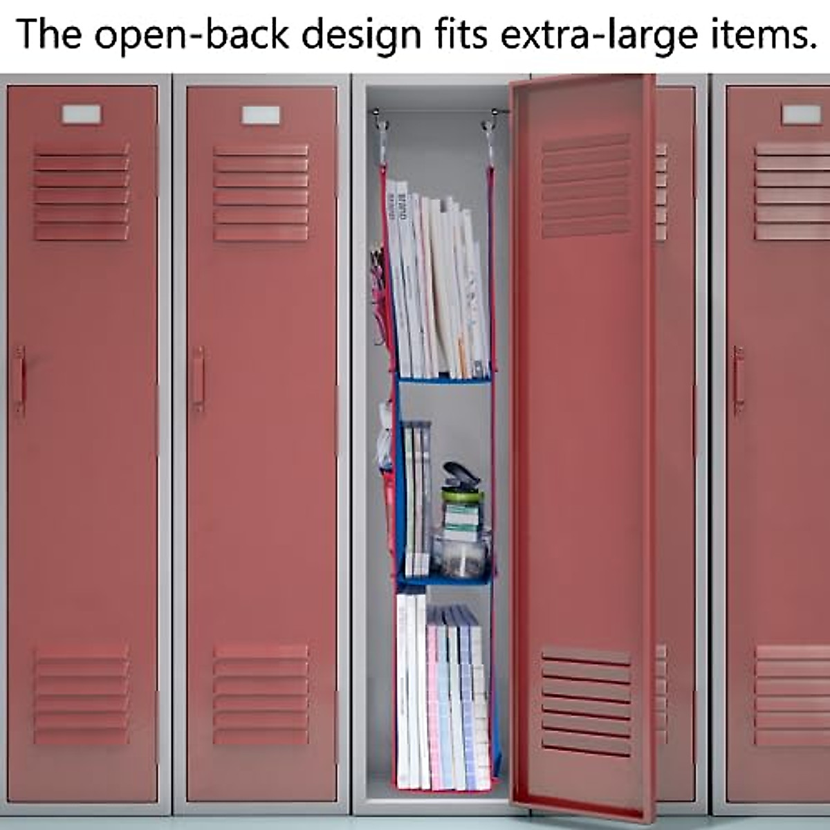 StorageWorks Hanging Locker Organizer for School, 3-Shelf Hanging Locker Ladder with Hook, Blue with Red Trim, 1-Pack