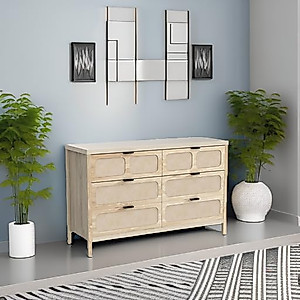 QEIUZON 6 Drawer Dresser, Modern Rattan Dresser Chest with Wide Drawers and Metal Handles, Farmhouse Wood Storage Chest of Drawers for Bedroom, Living Room, Hallway, Entryway (Natural-6 Drawers)