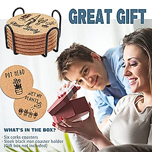 Homento Funny Plant Coasters for Drinks Absorbent with Holder-Plant Gifts for Plant Lovers Women,Funny Succulent Gifts for Gardeners,Crazy Plant Lady Gift,Plant Cork Coasters with Cork Base,Set of 6