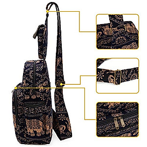 Women sling bag Elephant canvas large boho backpacks bohemian Crossbody bag (Black)