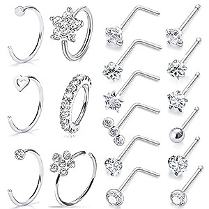 Boernfnso 20G Nose Rings Hoop Stud for Women Men Surgical Steel Nose Rings Studs Paved CZ Flower Nose Piercing Jewelry L Shaped Nose Ring Stud Set nose jewelry