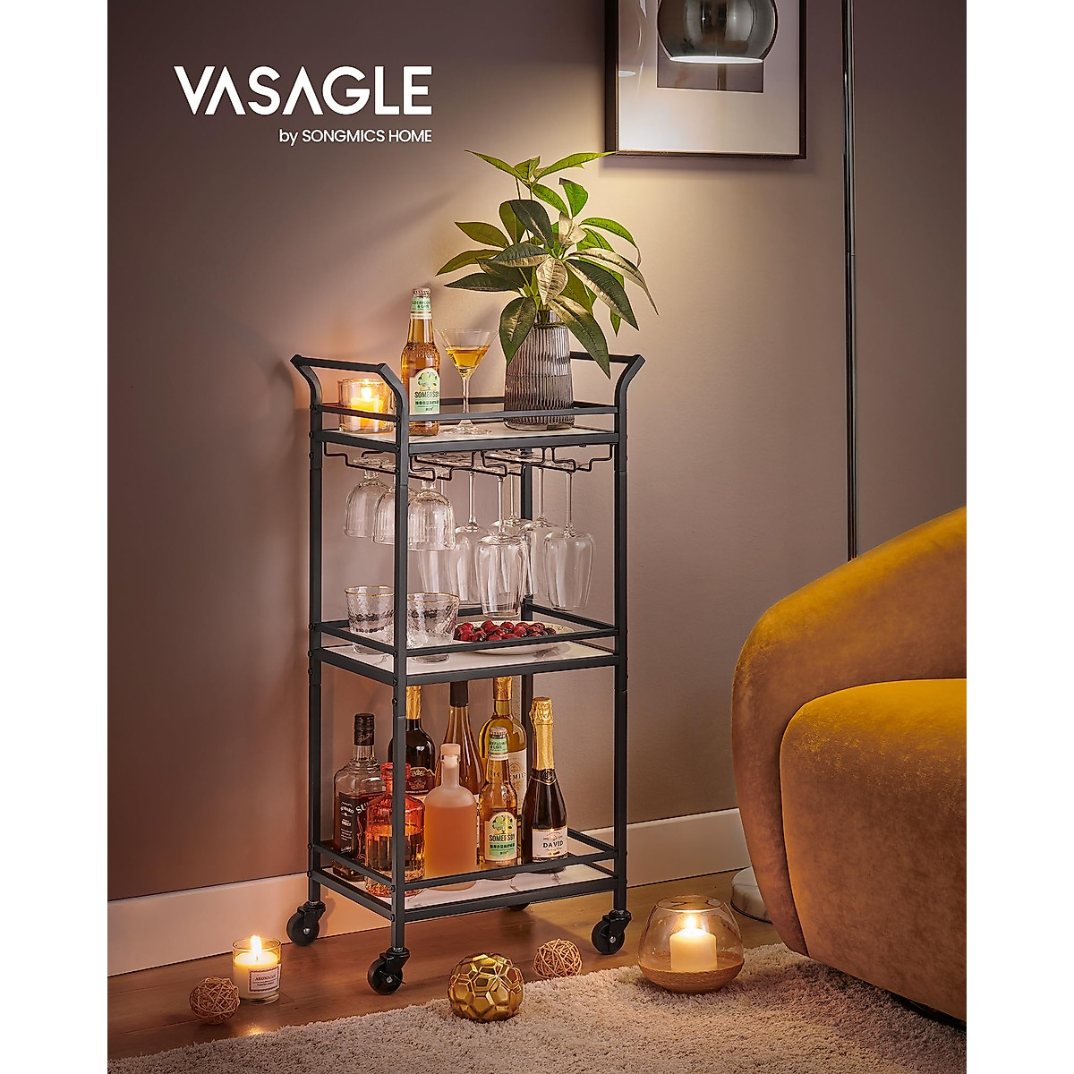 VASAGLE Bar Cart, Home Bar Serving Cart, Small Bar Cart with 3-Tier Shelf, Wine Holders, Glass Holders, Mini Bar Cart for Small Spaces, Kitchen, Dining Room, Living Room, Ink Black