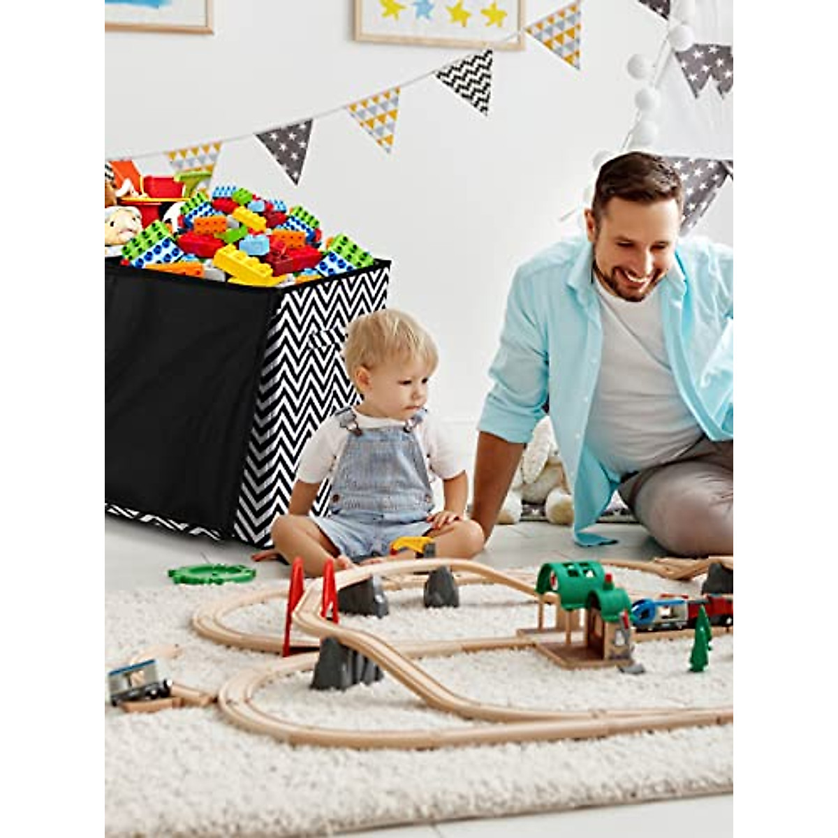 Large Toy Chest with Dustproof Lid- 39.4" × 14.4”× 15.7" Non-woven Fabric Kids Toy Box, Collapsible Toy Storage Bins with 2 Dividers & Handles for Boys Girls Playroom Nursery Room Bedroom Closet