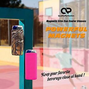 QualityPerfection Magnetic Slim Can Cooler Sleeve, Beer/Energy Magnet Tall 12 oz Skinny size Neoprene 4mm Thickness (2, Hot Pink)