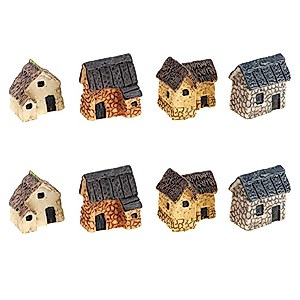 2 Sets (8PCS) Dollhouse Village Stone Houses Resin Miniature Gardening Landscape Simulation Cottage House Fairy Garden Decoration for Dollhouse Decor