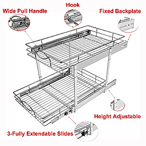 Sikarou Pull Out Cabinet Organizer 14" W x 21" D 2-Tier Individual Slide Out Drawer Pantry Shelf Storage for Kitchen Base Cabinet Organization ​for Kitchen, Bathroom, Pantry, Chrome