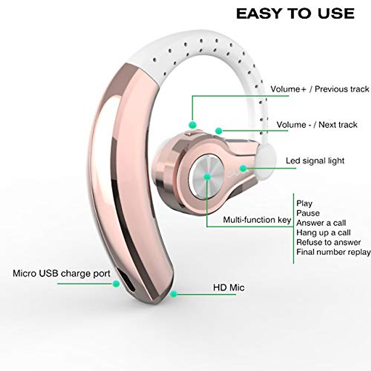 PONYBRO Wireless Headset with Mic,Unmatched Comfy Wireless Earbud w/ 8 Hrs, HiFi Sound Cell Phone Earpiece Hands Free Headphone Compatible with Android/iPhone/Smartphones/Laptop, Rose Gold