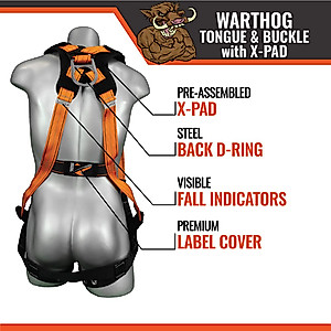 Malta Dynamics Warthog Safety Harness Fall Protection, Tongue Buckle Legs & X-Pad, Full Body Harness, OSHA/ANSI Compliant (Tongue Buckle Legs & X-Pad, Large-XLarge)