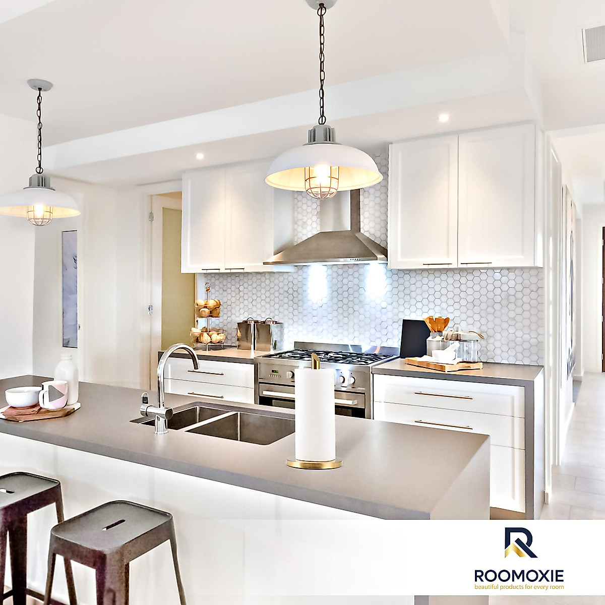 ROOMOXIE Stainless Steel Paper Towels Holder Stand Angled tip Gold Paper Towel Holder countertop 13 inch - Heavy Duty Weighted Kitchen countertop Paper Towel Holders Dispenser