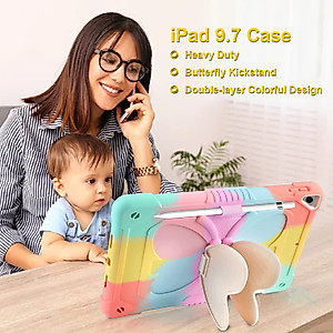 VOFUOE for iPad 9.7 Case 2018 for iPad 6th Generation Cases Butterfly Kickstand Pencil Holder, for iPad 5th Gen 2017 Case 2 in 1 Heavy Duty Rugged Cover for Kids Girls, Pink