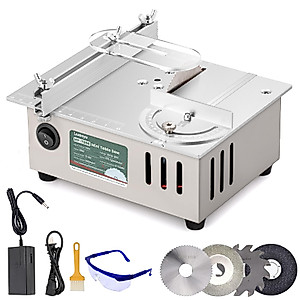 Huanyu Mini Table Saw 96W 9000RPM Hobby Electric Saw 7-Level Speed Adjustable 0-90 Angle 15MM Cutting Depth with Blade Model DIY Crafts Cutting Tool for Precision Cut Metal Wood Plastic Acrylic