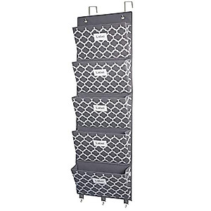 Hanging File Organizer, Over Door File Organizer Wall Mounted Storage Holder Pocket for Magazine, Notebooks, Planners, Mails, Office, Classroom, 5 Extra Large Pockets with Labels, 50.39" H, Grey with Lantern Pattern