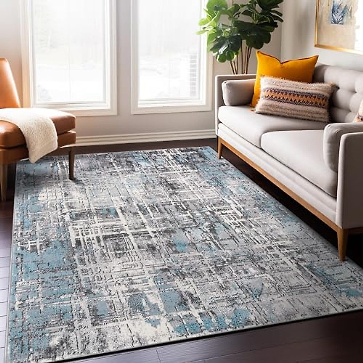 Rugshop Distressed Abstract Stain Resistant Soft Area Rug 7' 10" x 10' Blue