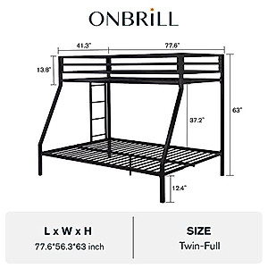 ONBRILL Twin Over Full Metal Bunk Bed with Stairs, Full-Length Guardrails Space Saving/No Box Spring/Noiseless/Black
