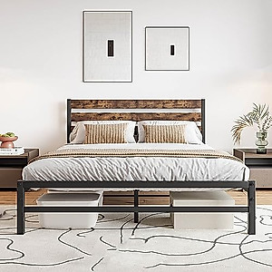 Queen Size Metal Platform Bed Frame with Rustic Vintage Wood Headboard, Strong Metal Slats Support,82" Black Bed Frame,Mattress Foundation with Storage Space,No Box Spring Needed