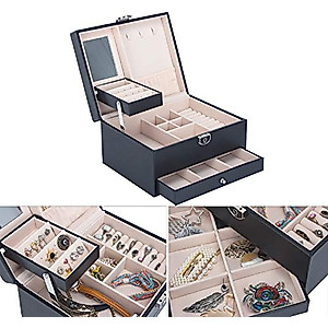 Jewelry Box Organizer Three-Layers Leather Jewelry Display Case Retro Lock Mirror (Three-Layers, Black)