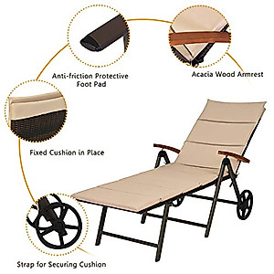 Tangkula Foldable Outdoor Chaise, Wicker Lounger Chair with Aluminum Frame, with Wheels for Easy Moving, 7-Position Adjustable Cushioned Rattan Chaise, Suitable for Poolside, Garden, Balcony and Patio