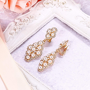 BriLove Wedding Bridal Clip On Earrings for Women Rhombus Crystal Simulated Pearl Hollow Chandelier Dangle Earrings Clear Gold-Toned