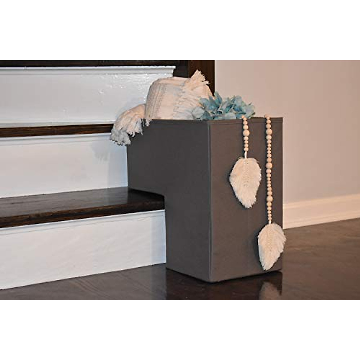 Stair Basket - Gray Staircase Storage Organizer with Board Divider & Handles - Step Container to Store Laundry, Toys & Household Items - Durable, Foldable, Easy to Carry