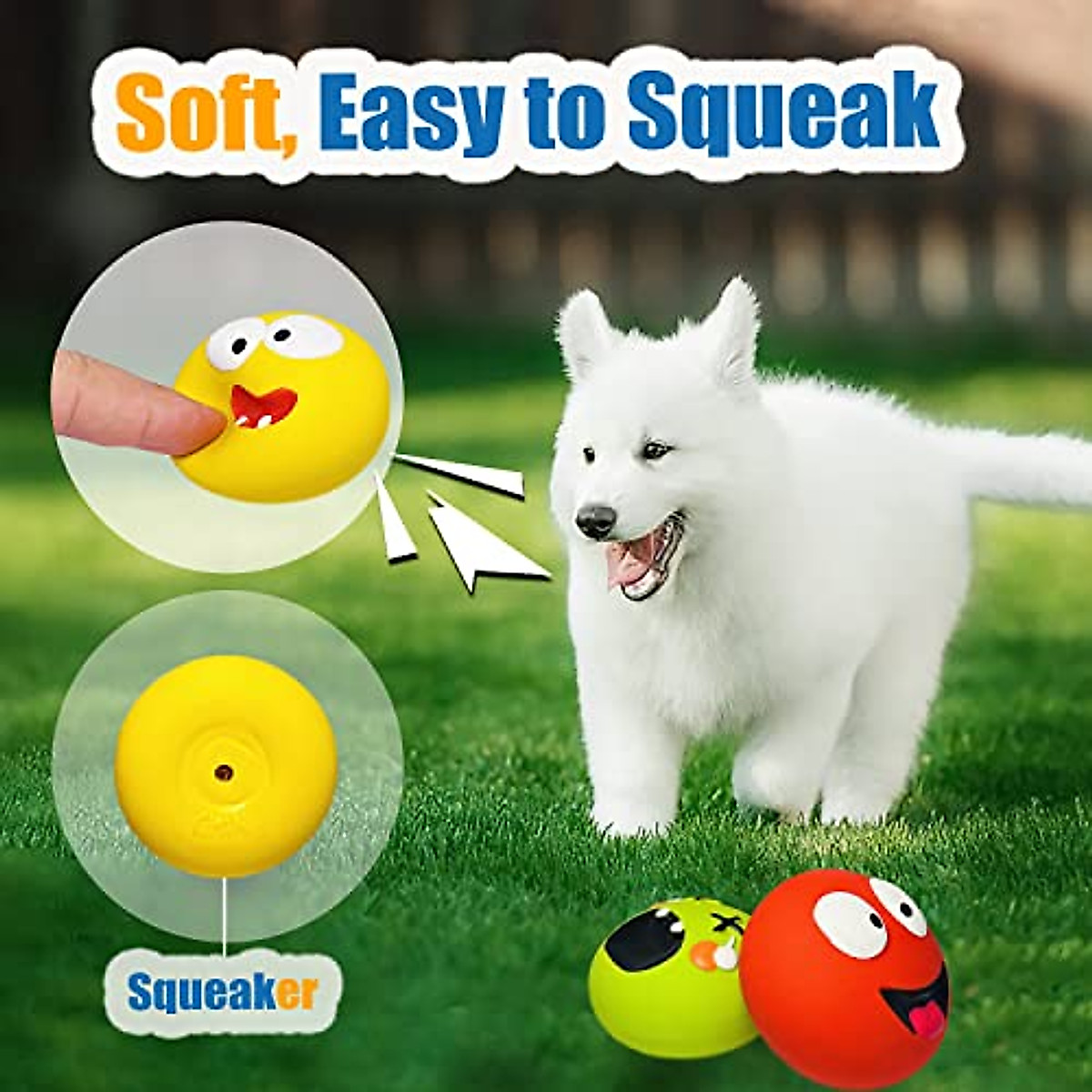 HOLYSTEED Squeaky Dog Toy for Small Dogs, Rubber Latex Puppy Toys Small Dog Toys, Soft Small Dog Squeaky Toys, Smile Face Squeaky Dog Balls Flat 6 PCS (2.1 * 2.1 * 1.3inch, for Mini, Small Breeds)