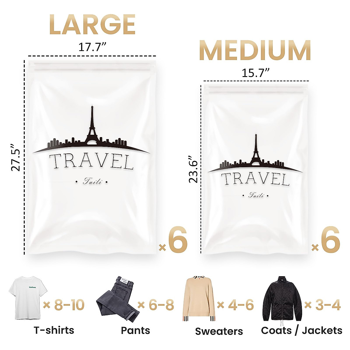 TAILI 12 Pack Travel Compression Bags, Clear Roll Up Space Saver Bags (6 Large, 6 Medium), No Vacuum Needed Reusable Packing Bags for Luggage, Suitcase, Backpack, Travel Essentials