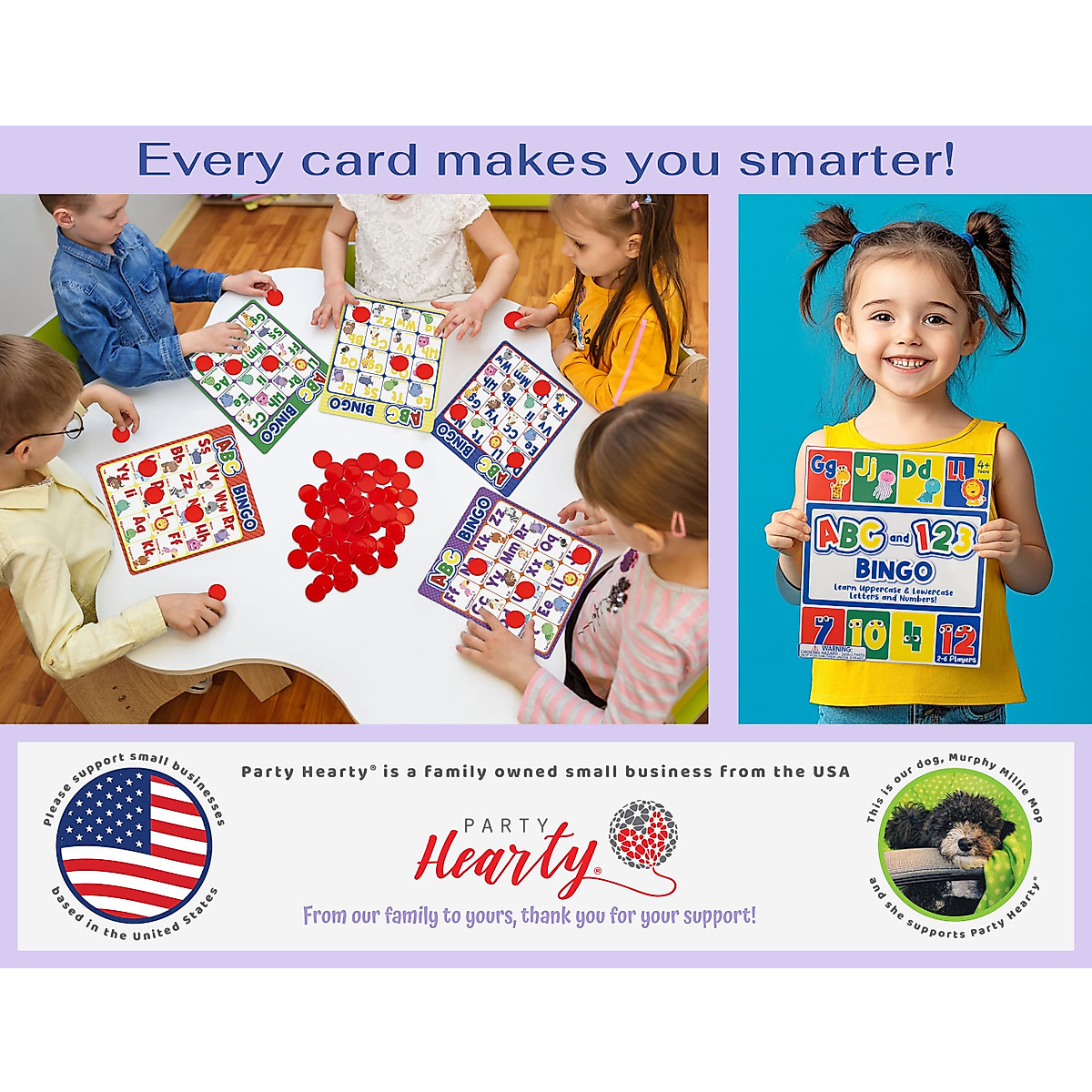 Party Hearty Alphabet and Number, ABC and 123 Bingo Board Game for Kindergarten and Preschool Kids Learn to Read Fun 2 Versions for Ages 4 and Up (Animal Edition)