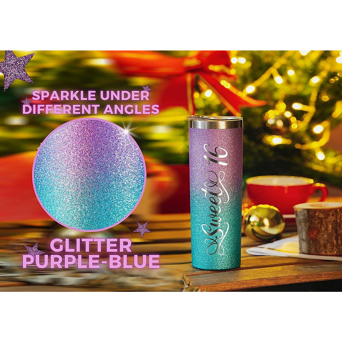 Onebttl Sweet 16 Gifts for Girls, Her, Daughter- Sweet Sixteen - 20oz/590ml Stainless Steel Insulated Glitter Tumbler with Straw, Lid, Message Card - (Purple-Blue Gradient)