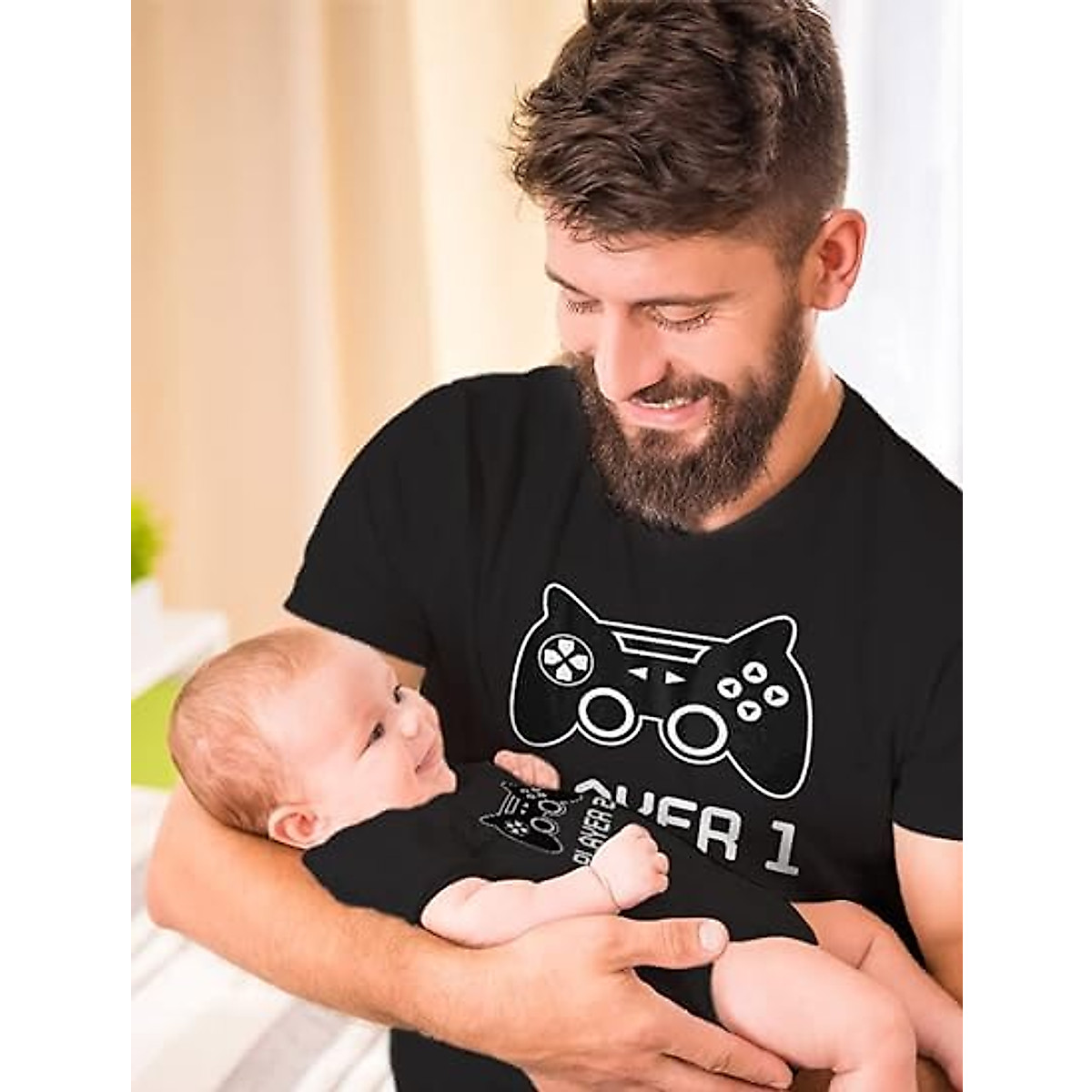 Tstars Gamer Dad and Baby Matching Outfits Gifts for New Dads Player 1 & Player 2 Funny Fathers Day Daddy and Me Outfits Dad Black Large/Baby Black Newborn (0-3M)
