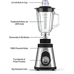 Smoothie Blender, 750W Blenders for Kitchen, Blender for Shakes and Smoothies with 48 oz Tritan Glass Jar, Professional Kitchen Blender, 6 Stainless Steel Blades, 2 Adjustable Speed and Pulse Function