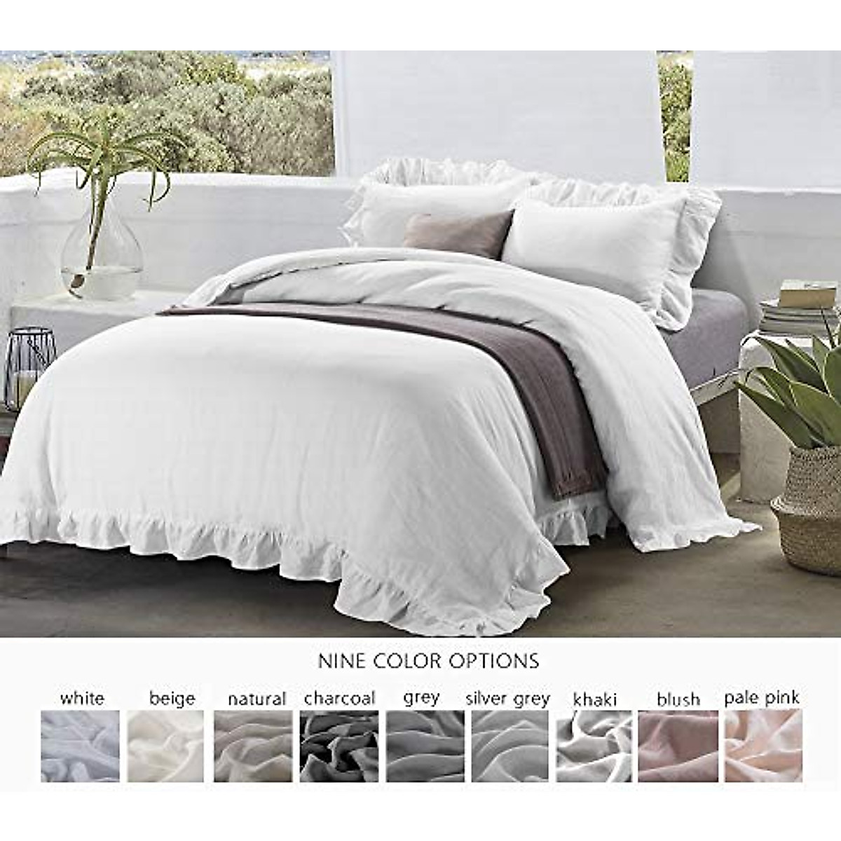 meadow park Stone Washed French Linen Duvet Cover Set 3 Pieces - Super Soft, Full/Queen 90 inches x 92 inches - Shams 20 inches x 26 inches, Ruffled Style - Button Closure - Corner Ties, White Color