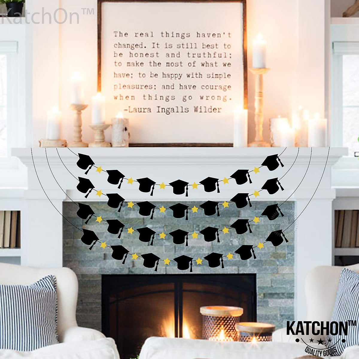 Felt, Black Graduation Cap Garland - 4 String, No DIY | Graduation Garland, Black and Gold Graduation Decorations | Graduation Banner for Graduation Party Decorations 2023 | Graduation Cap Decorations