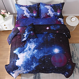 JQinHome Twin Galaxy Comforter Sets 6 Piece Bed in A Bag, Outer Space Themed Bedding for Children Boy Girl Teen Kids - (1 Comforter, 1 Flat Sheet, 1 Fitted Sheet, 2 Pillowshams, 1 Cushion Cover)