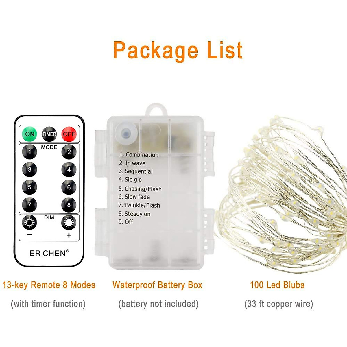 ErChen Battery Operated Silver Copper Wire Led String Lights, 33FT 100 Leds 8 Modes dimmable Waterproof Fairy Lights with Remote Control Timer for Indoor Outdoor Wedding Bedroom (Red)