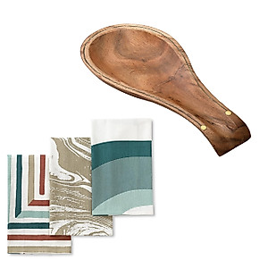 Folkulture Wooden Spoon Rest and Kitchen Towels Bundle, Spoon Rest for Kitchen Counter, Spoon Holder for Stove, Kitchen Towels or Tea Towels, 20 X 26 Inches Cotton Dishrags