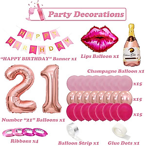 Pink 21st Birthday Decorations for Her Rose Gold Hot Pink Balloons, Happy Birthday Banner Pink, 21 Balloon Number Rose Gold, Hot Pink Lips Balloon, Champagne Bottle Balloon, Finally 21 Bday Supplies